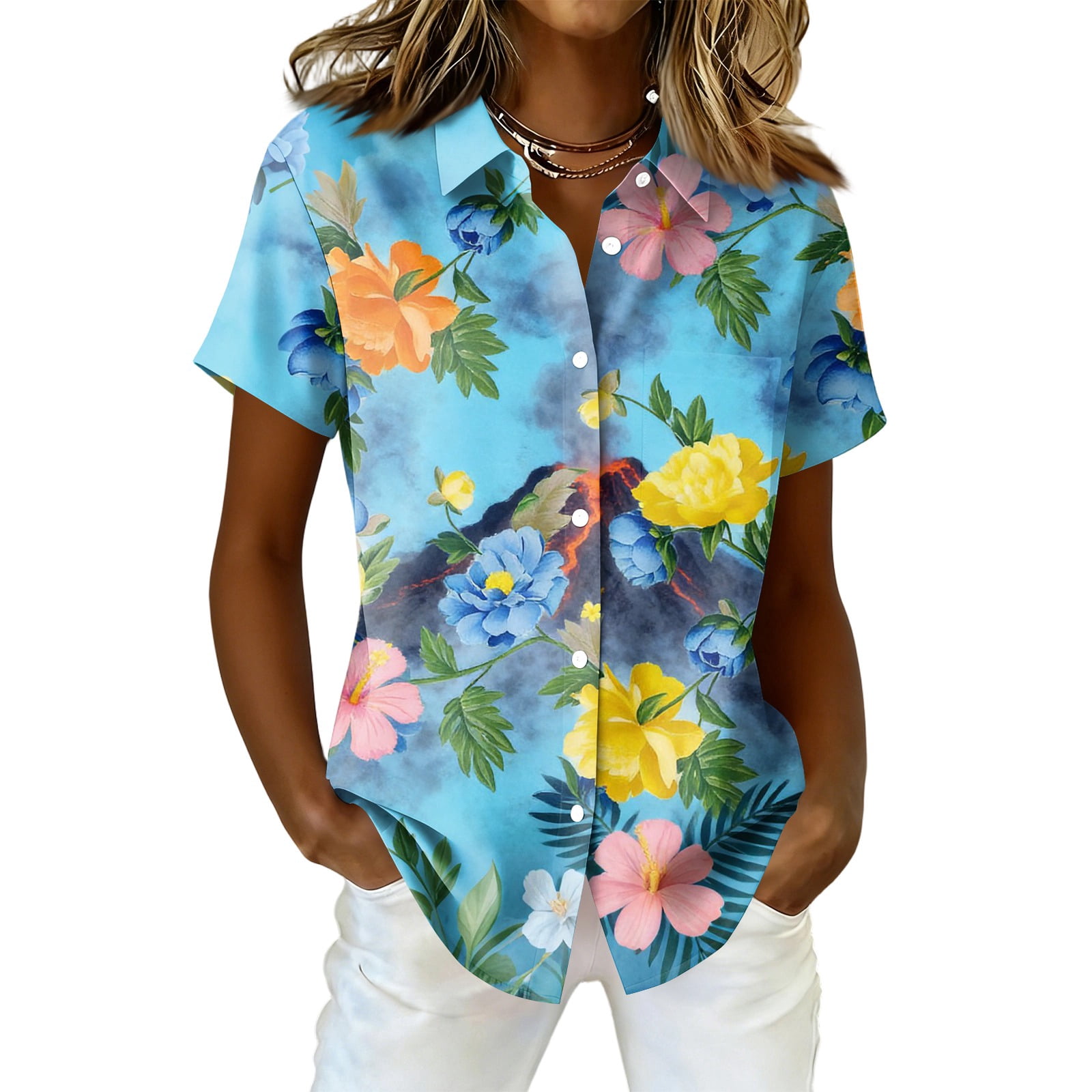 ASDFVBKG Summer Hawaiian Tops for Women Dressy Cute Short Sleeve V-Neck ...