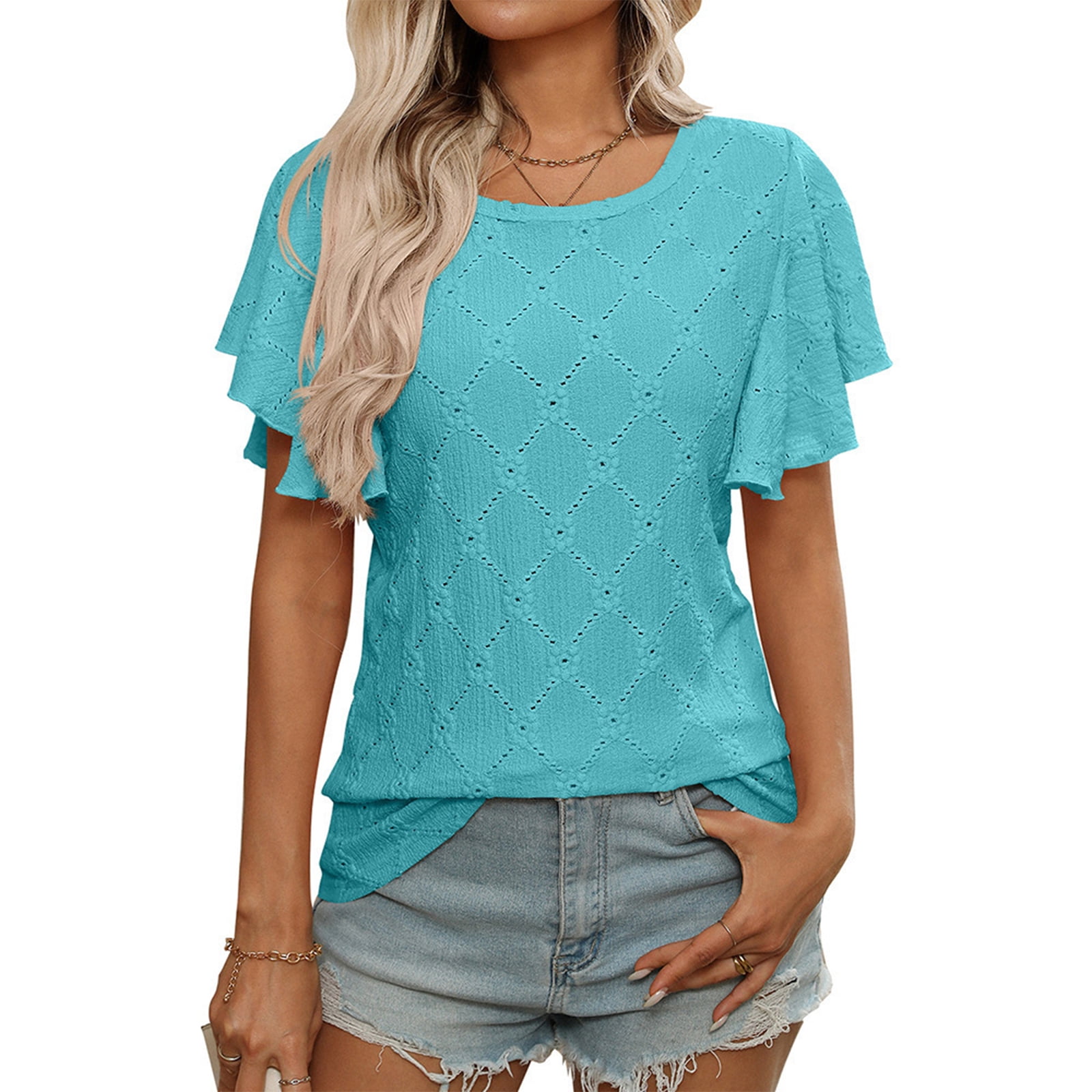 ASDFVBKG Summer Tops for Women Soft Short Sleeve Eyelet Crewneck Shirts ...