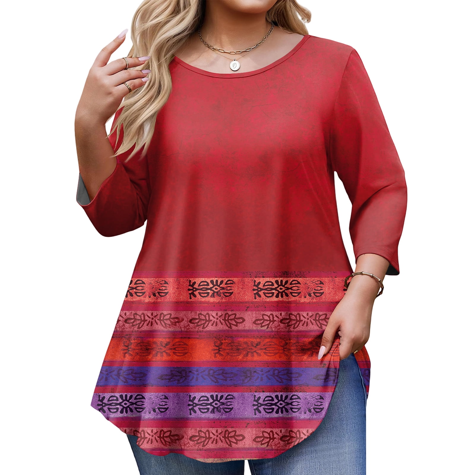 ASDFVBKG Tunic Tops for Women 3/4 Length Sleeve Casual Plus Size Crew ...