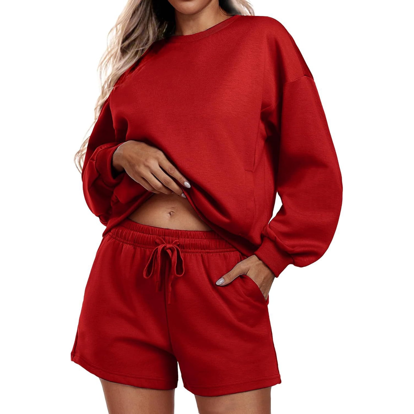 ASDFVBKG Two Piece Sets for Women Crew Neck Long Sleeve Oversized Solid ...