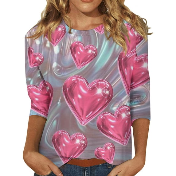 ASDFVBKG Valentine's Day Blouse for Women 3/4 Sleeve Round Neck Blouse ...