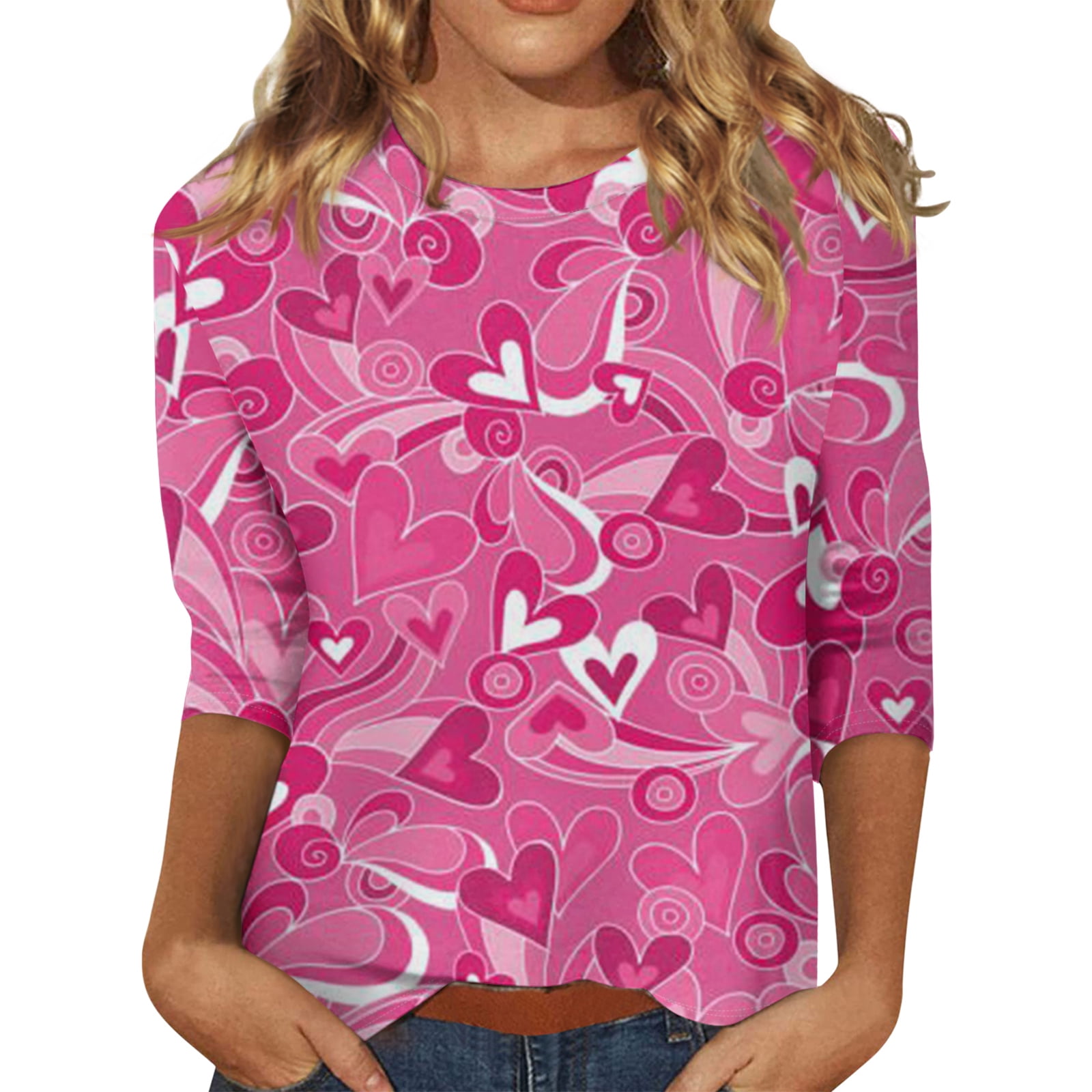 ASDFVBKG Valentine's Day Top for Women 3/4 Sleeve Crew Neck Blouse ...