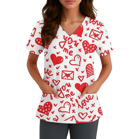 ASDFVBKG Valentine's Day Women‘s Scrub Tops Spring Medical Nursing ...