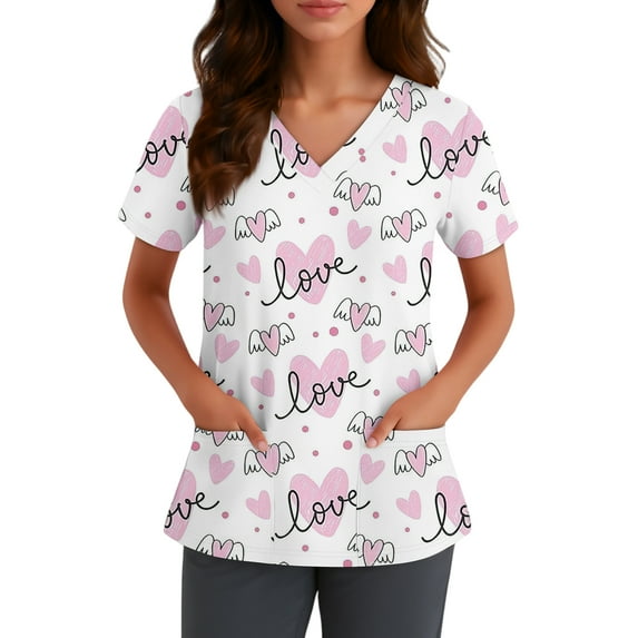 ASDFVBKG Valentines Scrub Tops Women Spring Medical Nursing V-Neck Love ...