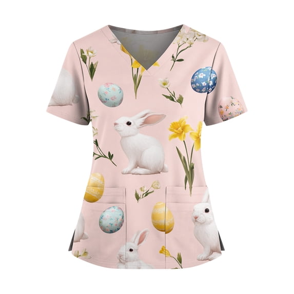 ASDFVBKG Women Easter Scrubs Top Plus Size Short Sleeve V Neck Cute ...