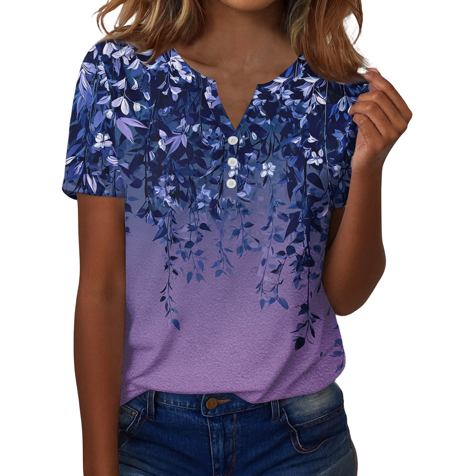ASDFVBKG Women Floral Print Tees Spring short Length Sleeve Blouse ...