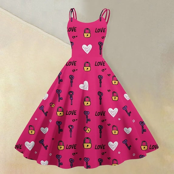 ASDFVBKG Women Heart Print Maxi Dress Crew Neck Strap Sleeveless A-Line ...