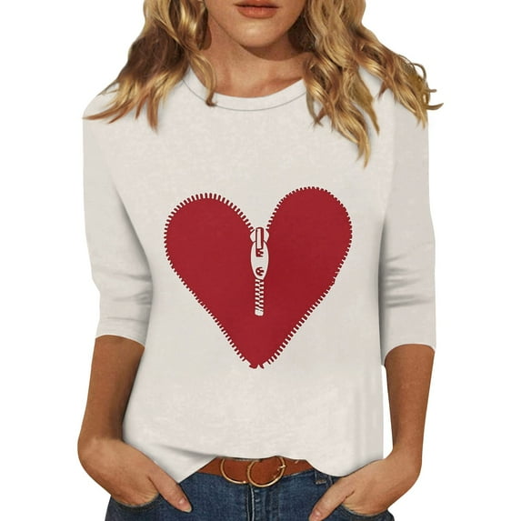 ASDFVBKG Women Heart Print Tees Shirts Spring 3/4 Sleeve Blouses Crew ...