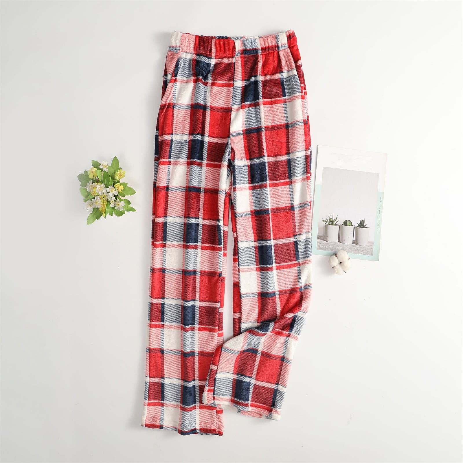 ASDFVBKG Women Plush Pajamas Pants Boho Soft Elastic Waist Checkered ...