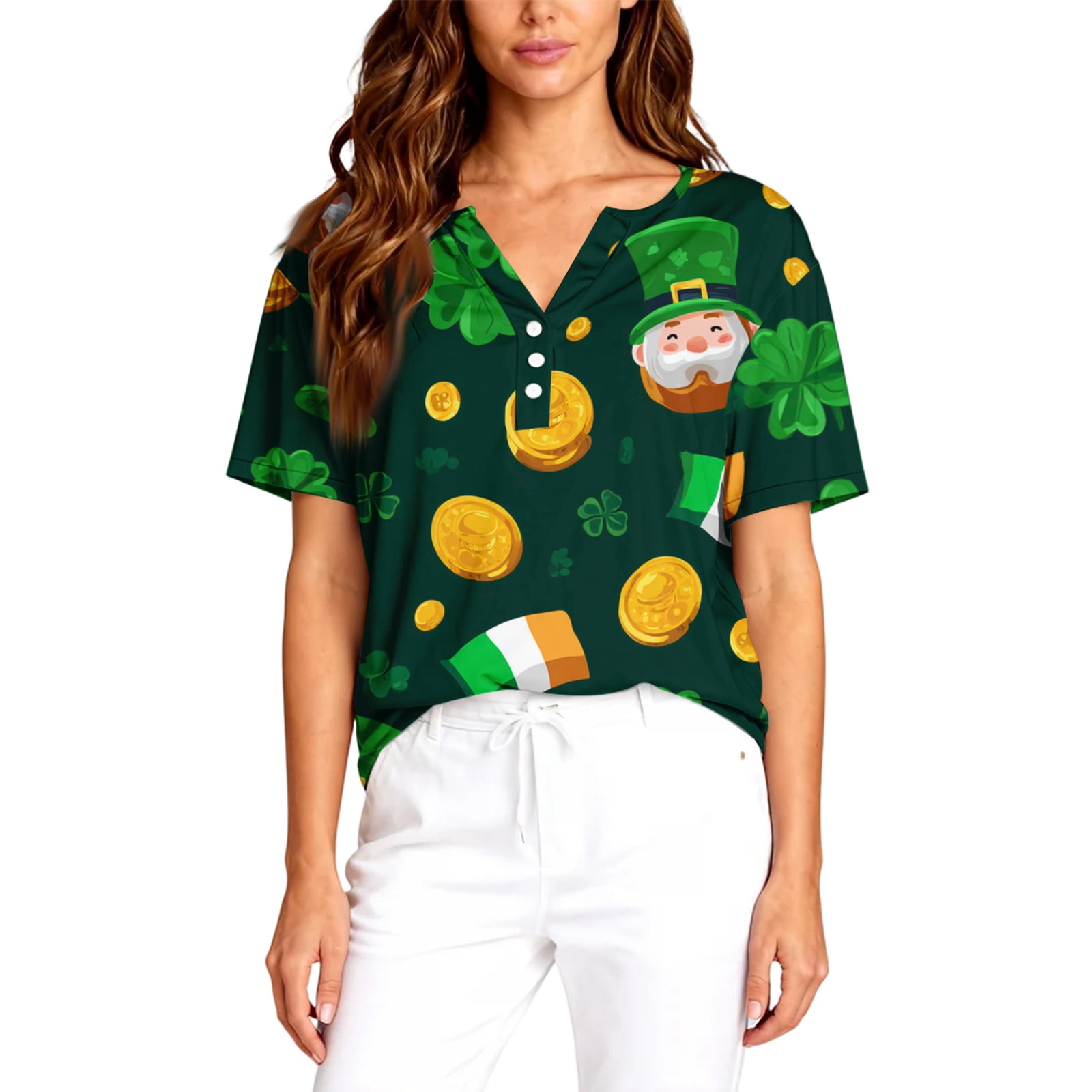 ASDFVBKG Women St. Patrick's Day Tops Short Sleeve Outfit Work V Neck ...