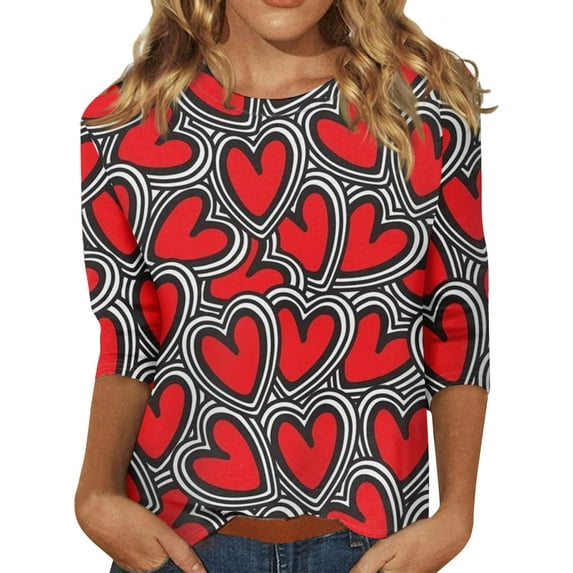 ASDFVBKG Women Valentine's Day Blouses 3/4 Sleeve Round Neck Blouse ...