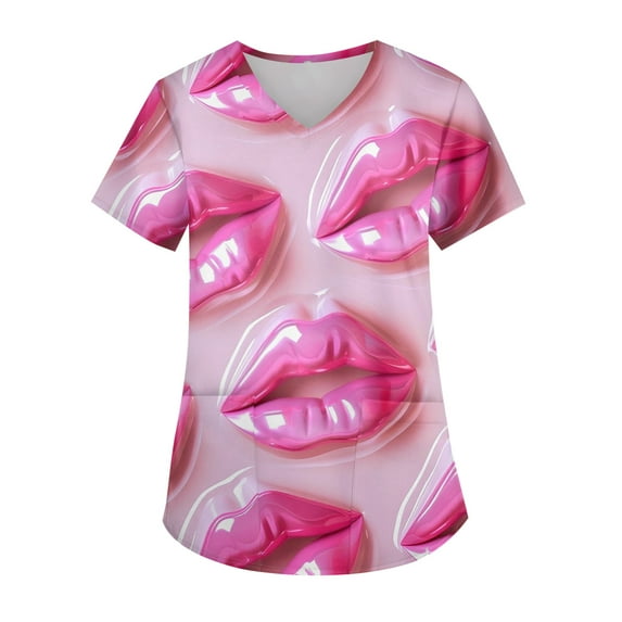 ASDFVBKG Women Valentine's Day Scrub Tops Women Summer Nursing V-Neck ...