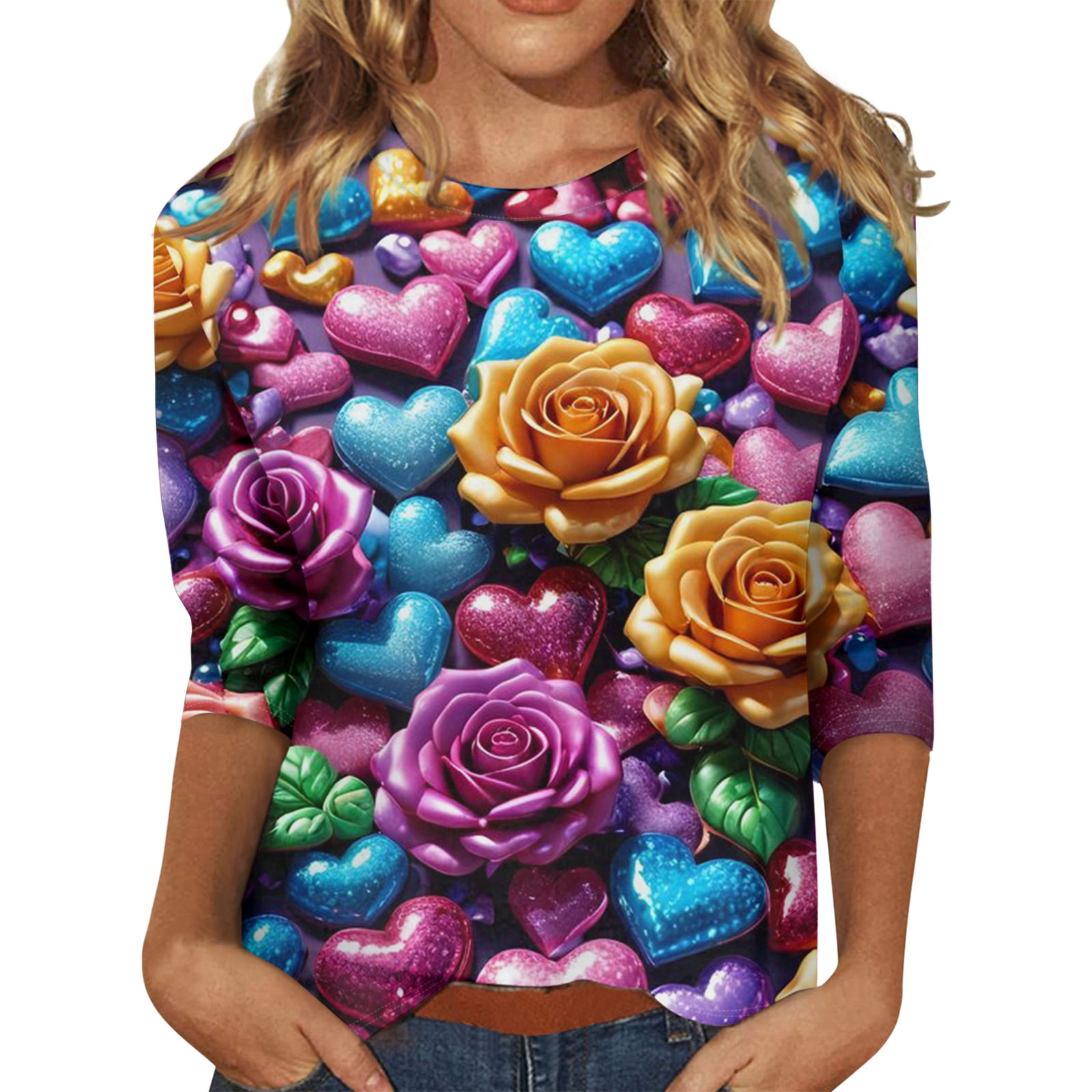 ASDFVBKG Women Valentine's Day Shirts 3/4 Sleeve Round Neck Blouse ...