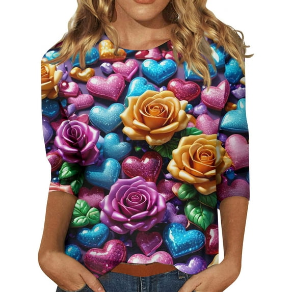 ASDFVBKG Women Valentine's Day Shirts 3/4 Sleeve Round Neck Blouse ...