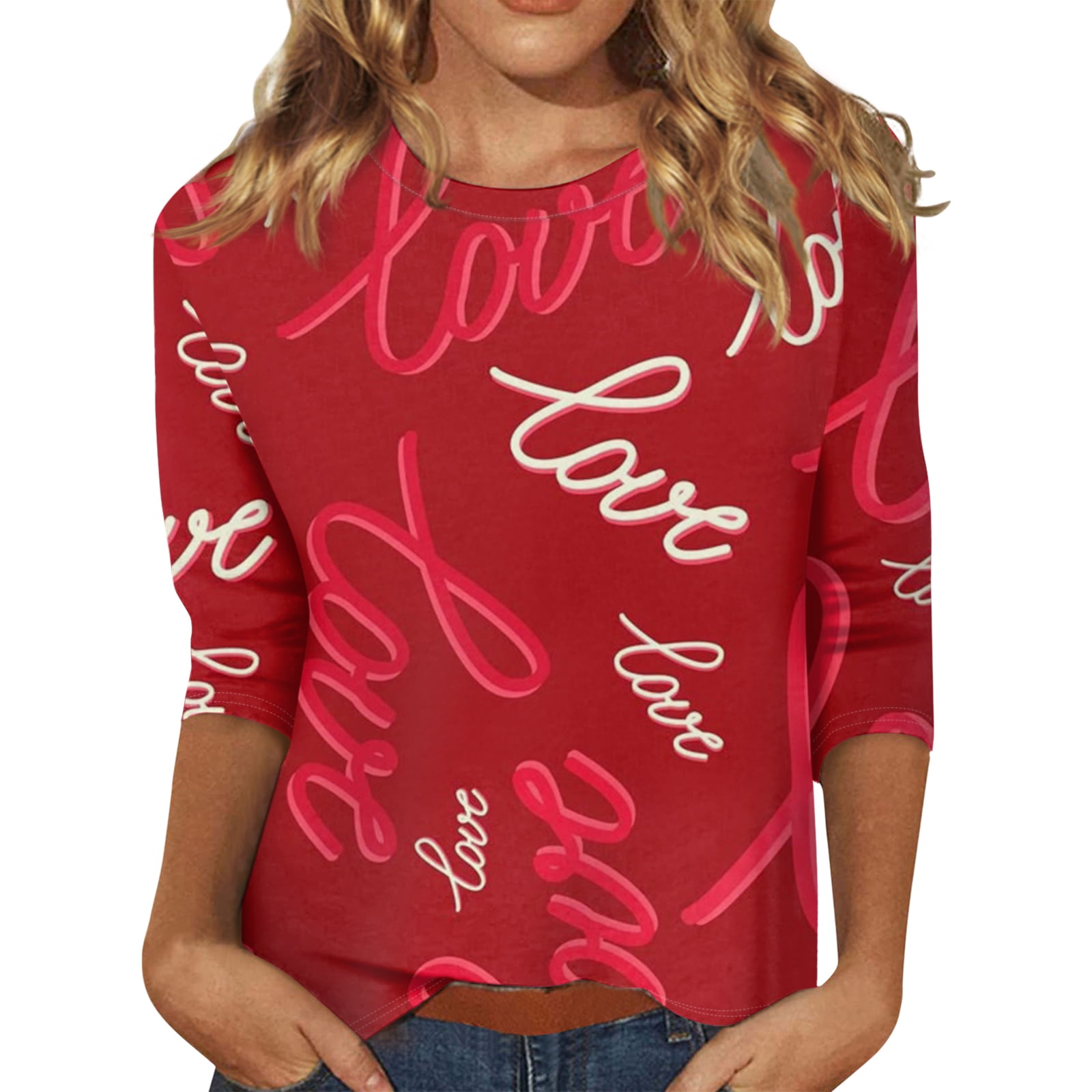 ASDFVBKG Women Valentine's Day Shirts 3/4 Sleeve Round Neck Blouses ...
