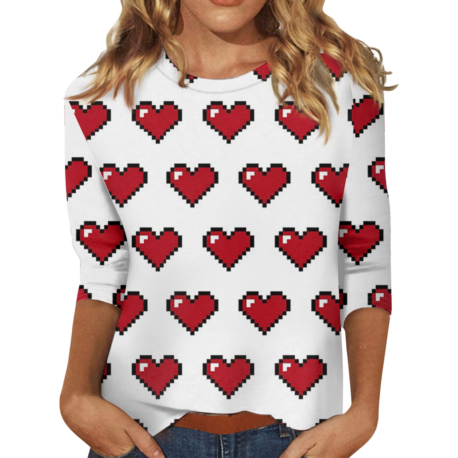 ASDFVBKG Women Valentine's Day Top 3/4 Sleeve Crew Neck Blouse Dressy ...