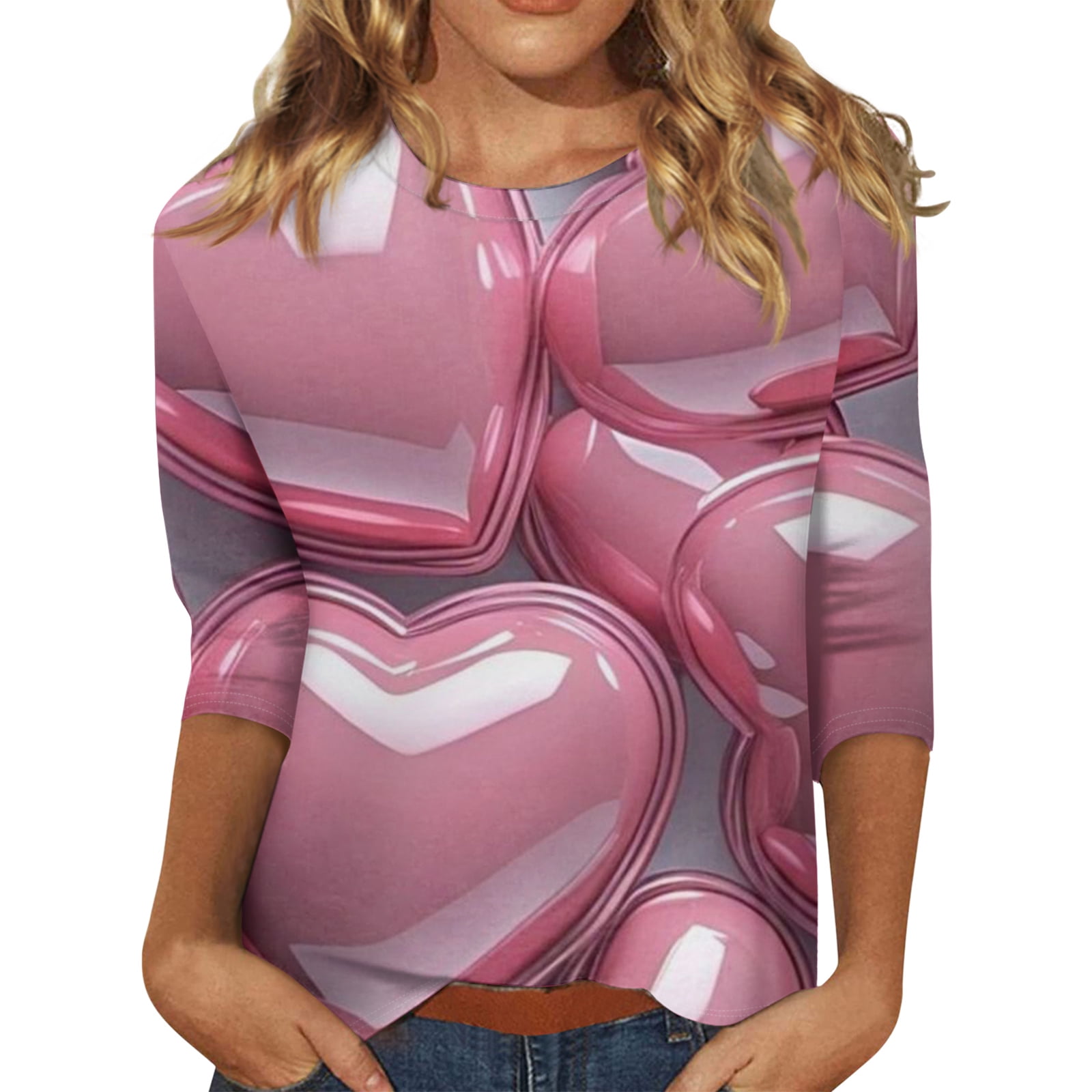 ASDFVBKG Women Valentine's Day Top 3/4 Sleeve Crew Neck Blouse Trendy ...