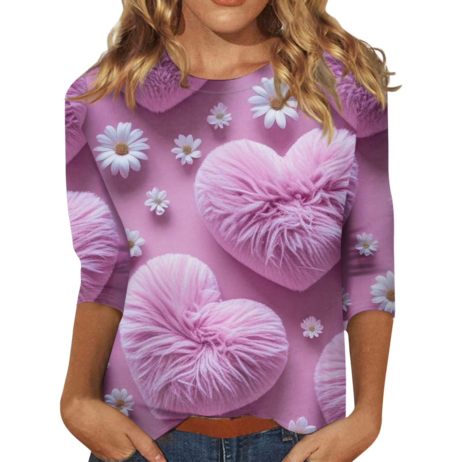 ASDFVBKG Women Valentine's Day Top 3/4 Sleeve Crew Neck Blouses Dressy ...