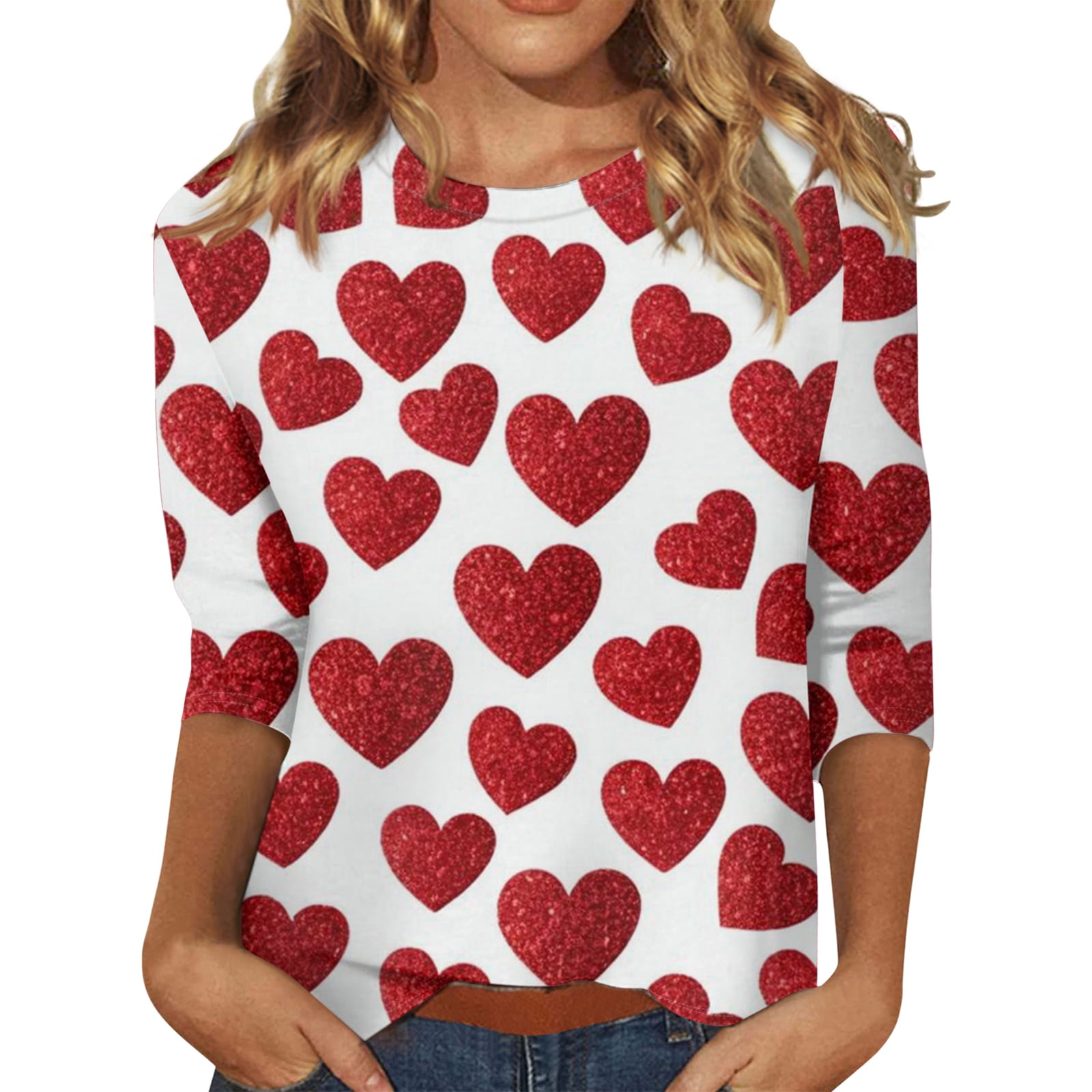 ASDFVBKG Women Valentine's Day Top 3/4 Sleeve Round Neck Blouse Dressy ...