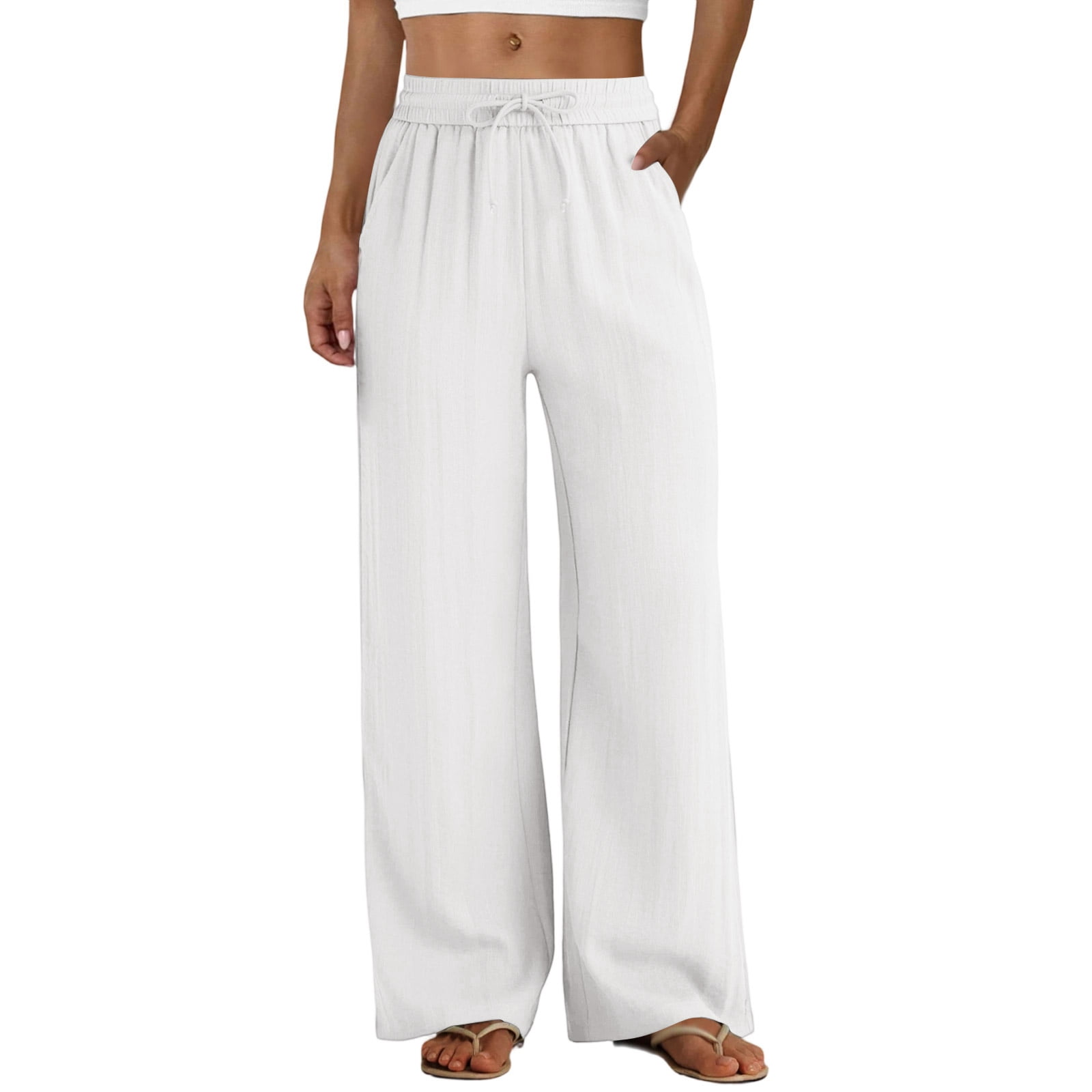 ASDFVBKG Women Wide Leg Flowy Linen Pants Casual Elastic Palazzo Pants ...