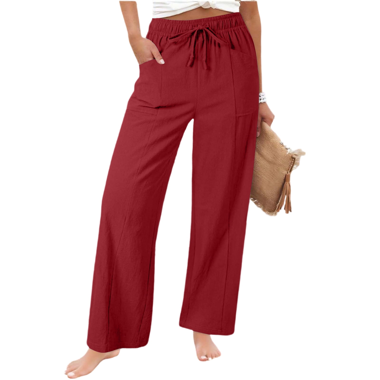 ASDFVBKG Women Wide Leg Flowy Linen Pants Casual Elastic Pants Beach ...
