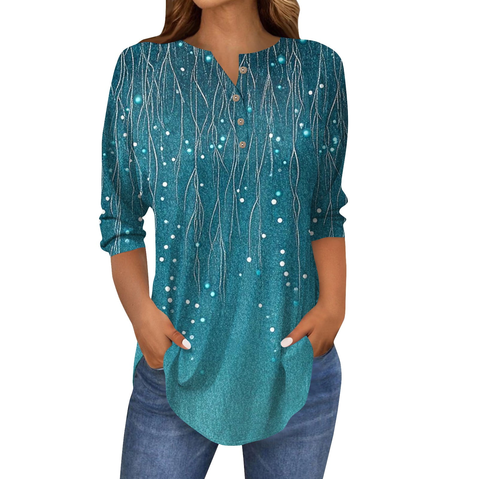 ASDFVBKG Women's 3/4 Length Sleeve Tops Henley Outfits Tshirts Floral ...