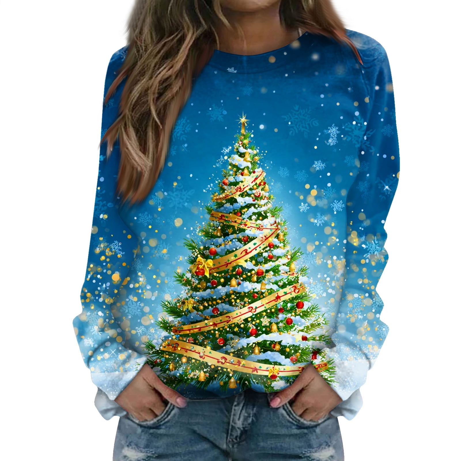ASDFVBKG Women's Christmas Tops Crew Neck Christmas Tree Prints Long ...