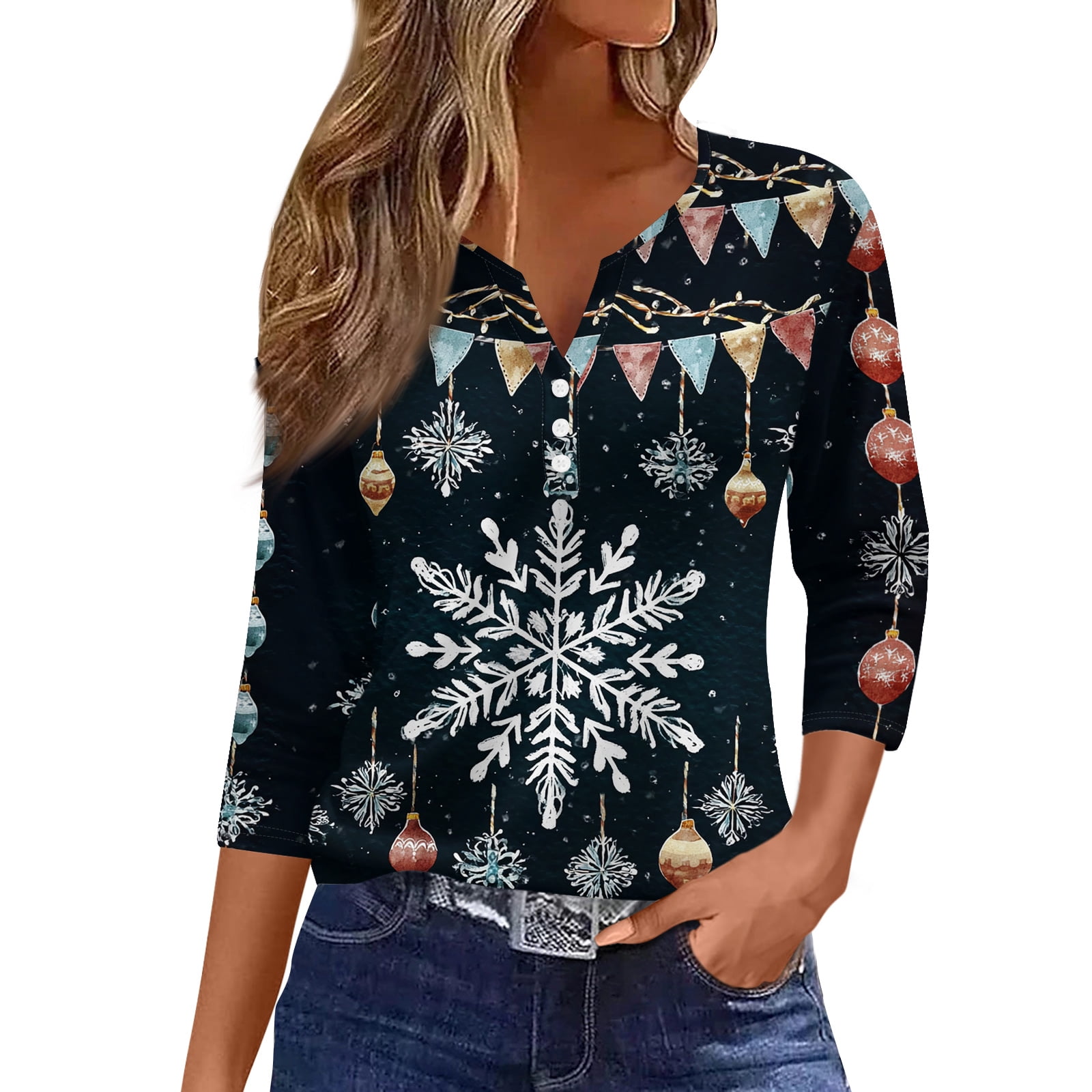 ASDFVBKG Women's Christmas Tops Henley Snowflakes Prints 3/4 Length ...
