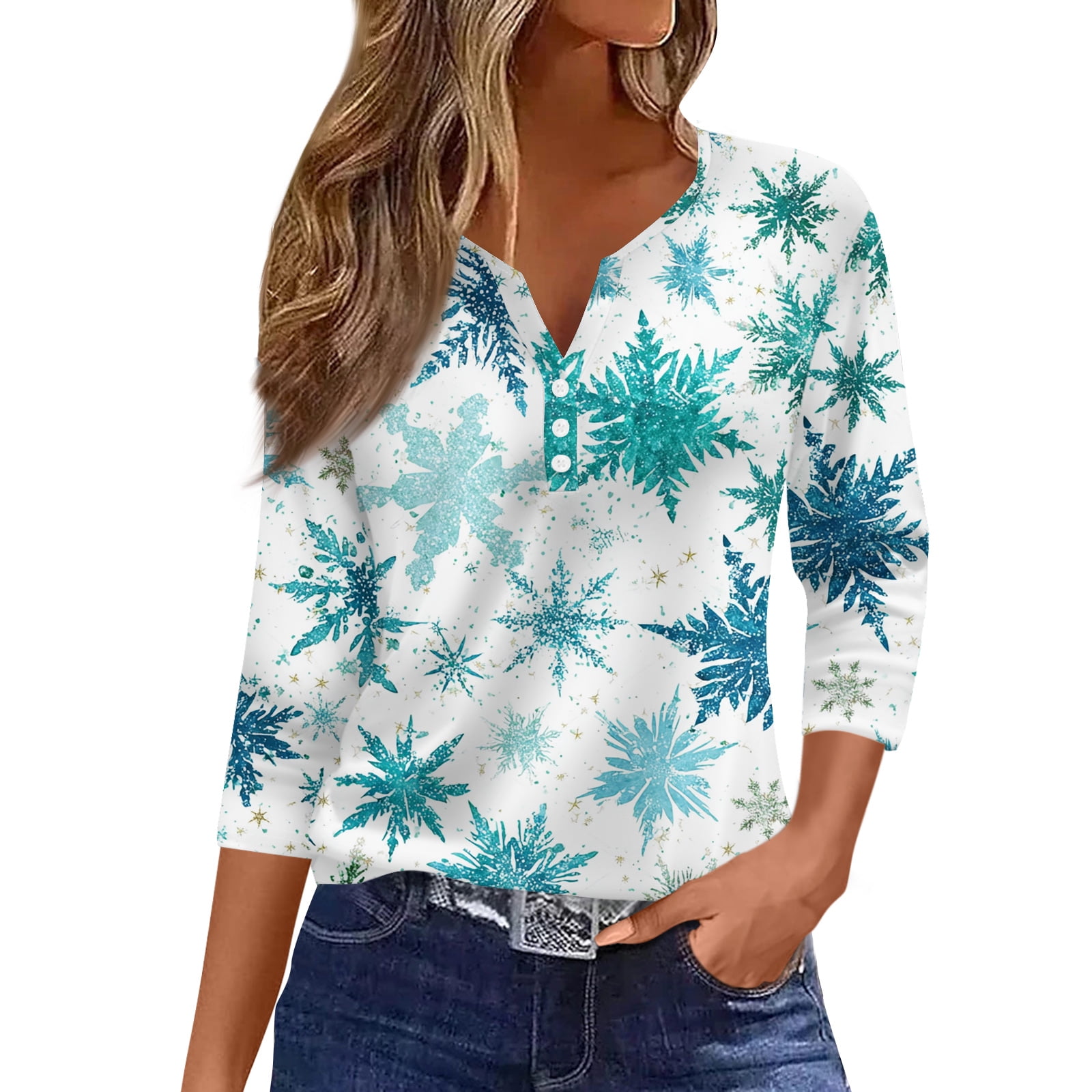 ASDFVBKG Women's Christmas Tops Henley Snowflakes Prints Three Quarter ...