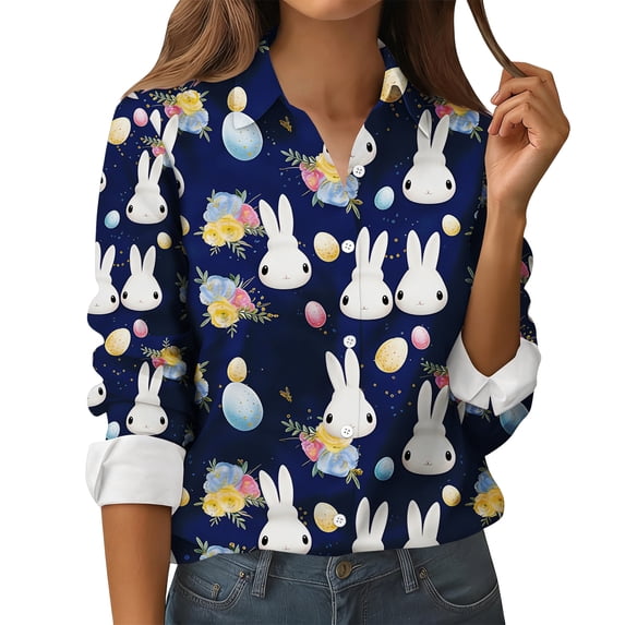 ASDFVBKG Women's Easter Day Shirts Long Sleeve Rabbit Printed Blouse ...