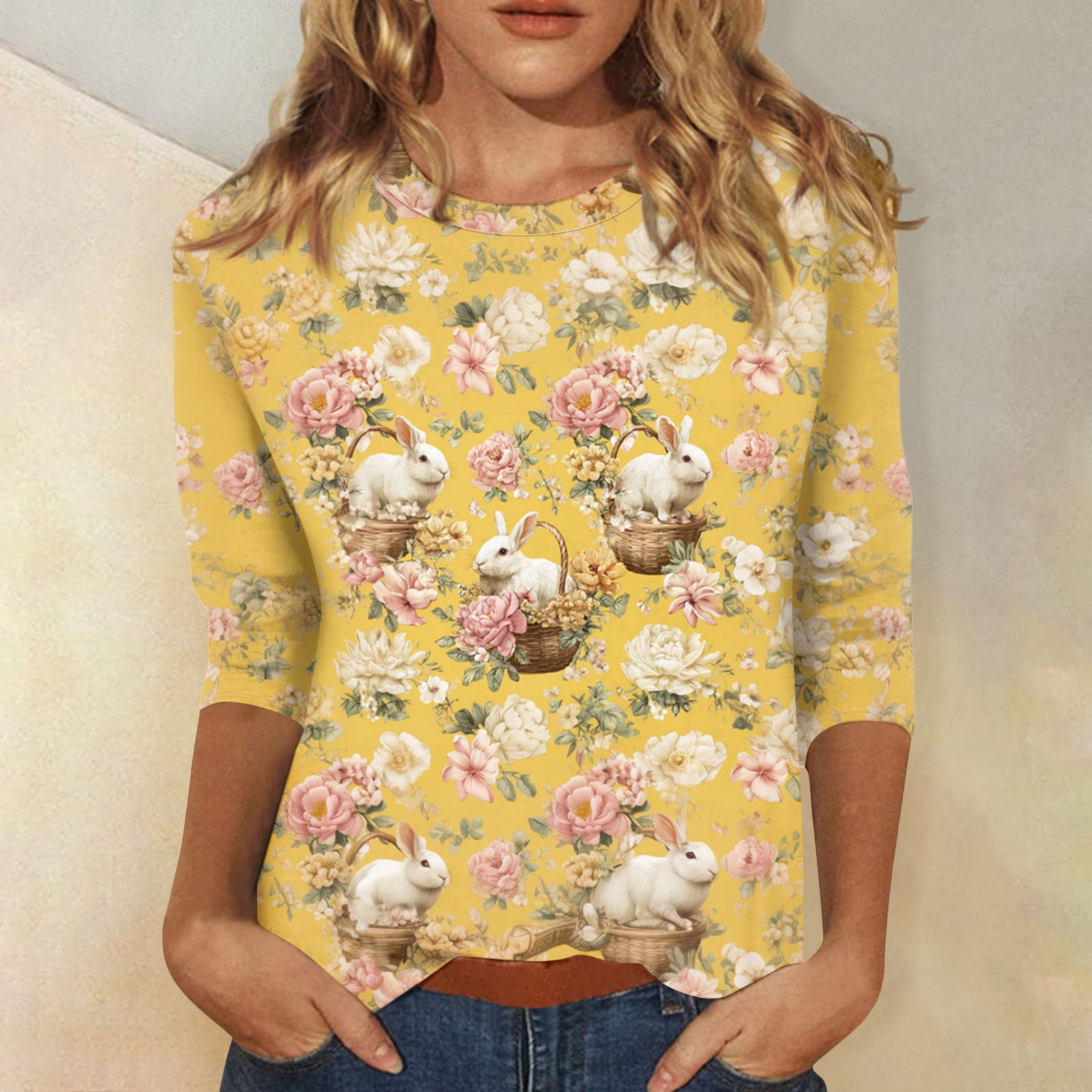 ASDFVBKG Women's Easter Day T-Shirts 3/4 Sleeve Crew Neck T-Shirts ...