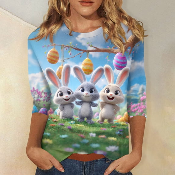 ASDFVBKG Women's Easter Day T-Shirts 3/4 Sleeve Crew Neck Tee Shirts ...