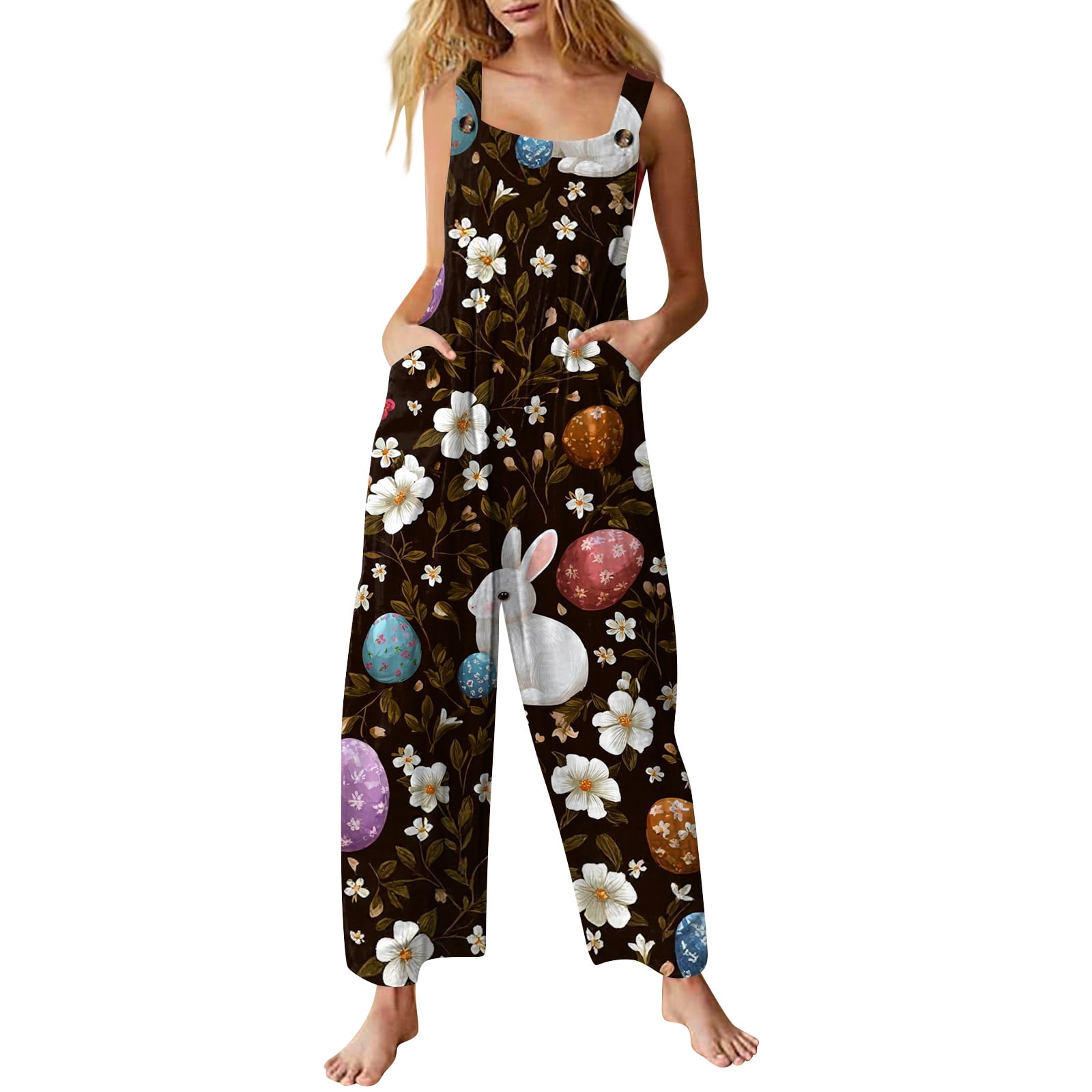 ASDFVBKG Women's Easter Jumpsuits Plus Size Cotton Ribbed Knit Wide Leg ...