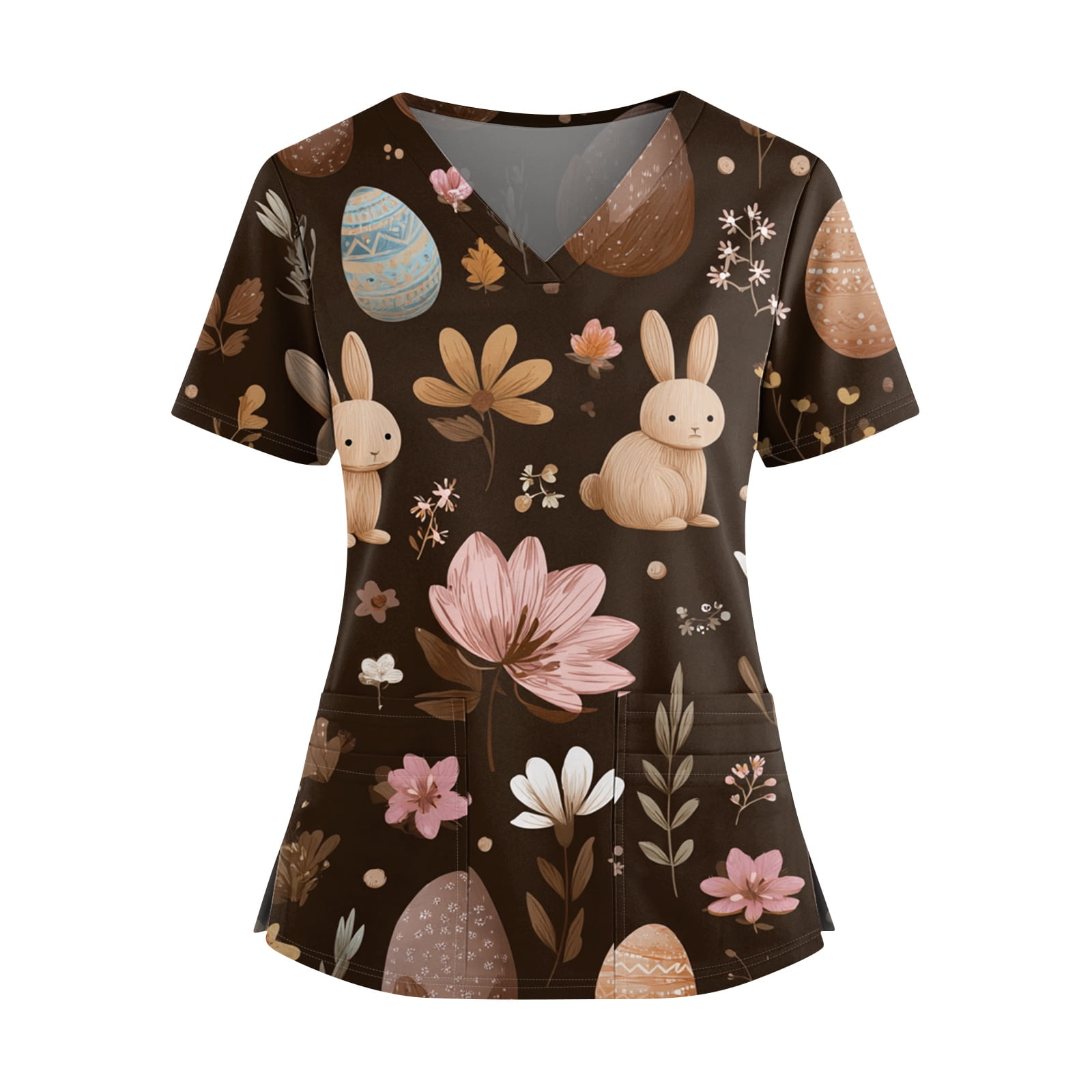 ASDFVBKG Women's Easter Scrub Top Plus Size Short Sleeve V Neck Rabbit ...