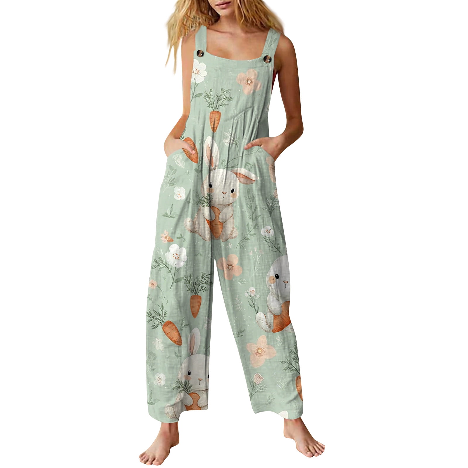 ASDFVBKG Women's Easter Sleeveless Jumpsuit Comfortable Square Neck ...