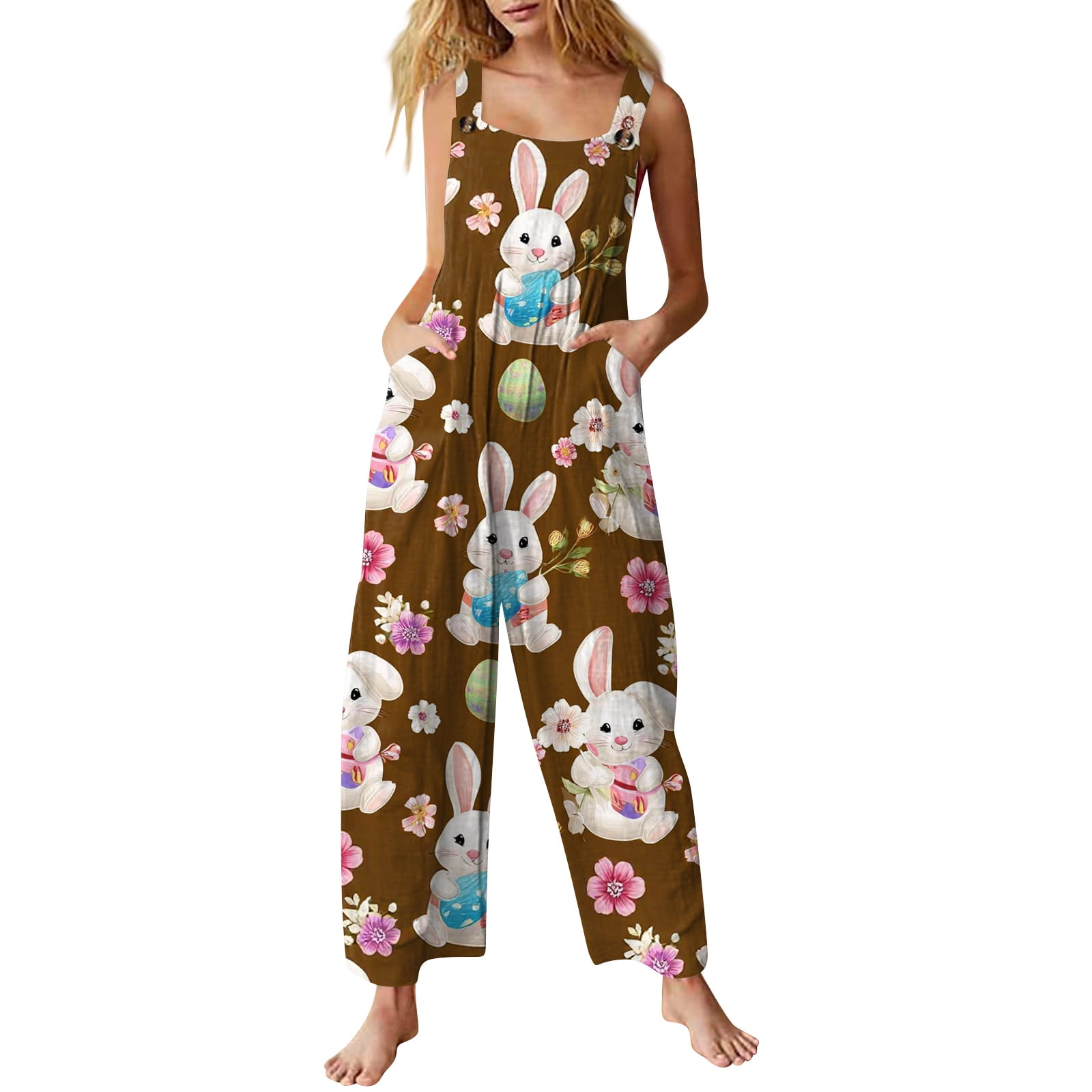 ASDFVBKG Women's Easter Sleeveless Jumpsuit Comfy Square Neck Wide Leg ...