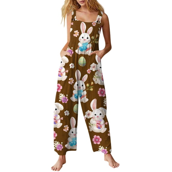 ASDFVBKG Women's Easter Sleeveless Jumpsuit Comfy Square Neck Wide Leg ...