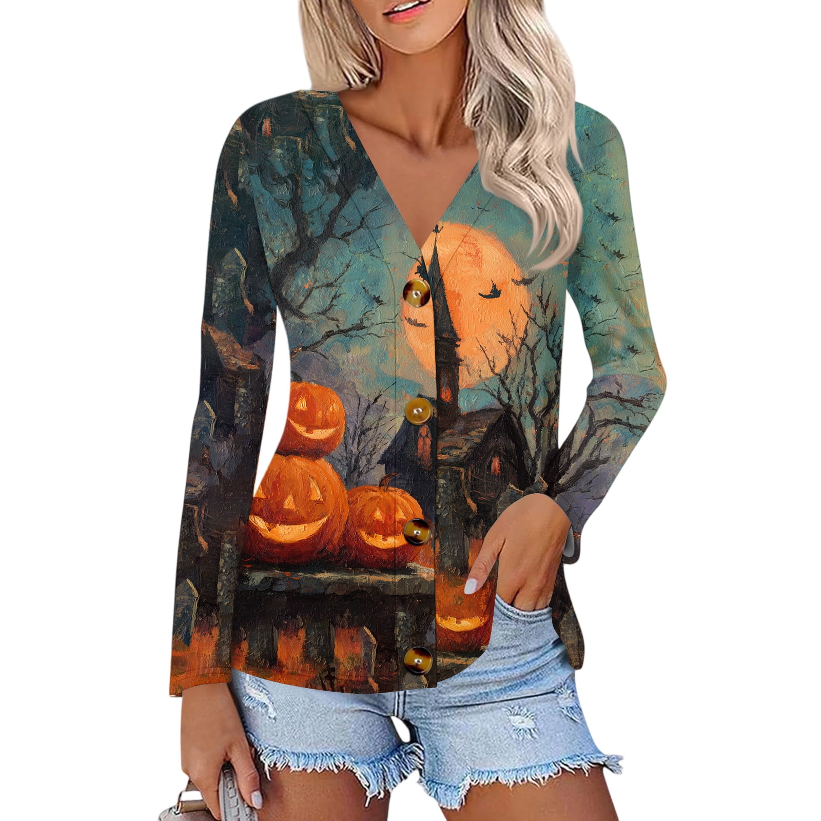 ASDFVBKG Women's Halloween Costumes Long Sleeve Tshirt Top Funny Graphic Print Button Down Sexy ...