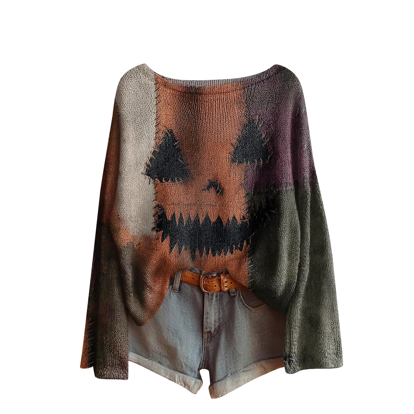 ASDFVBKG Women's Halloween Sweaters 2025 Spooky Face Patchwork Pattern ...