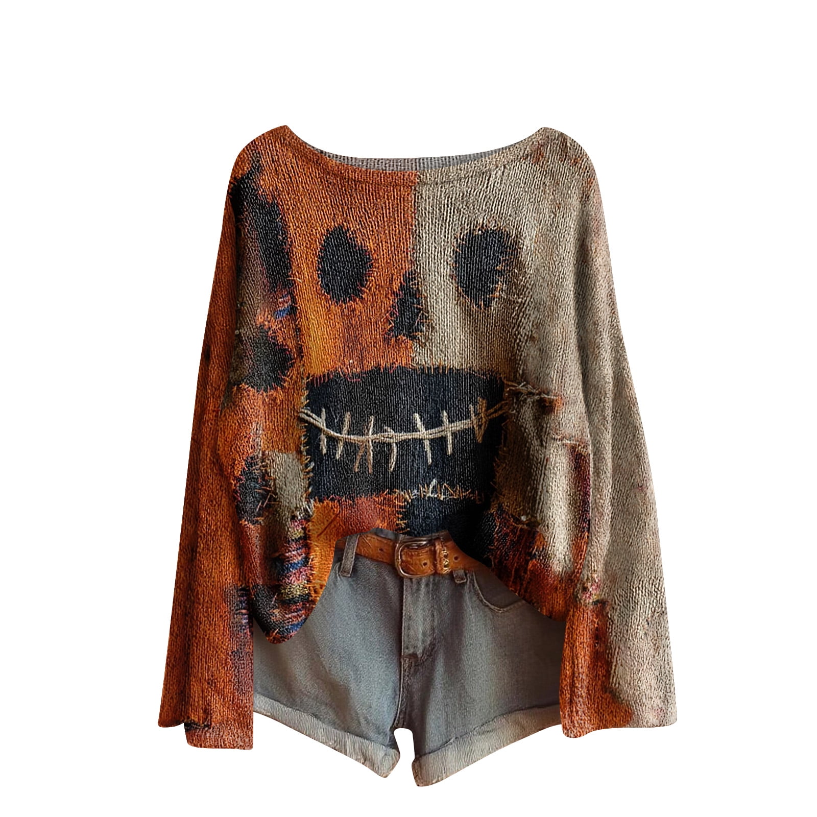 ASDFVBKG Women's Halloween Sweaters 2025 Spooky Face Patchwork Pattern ...