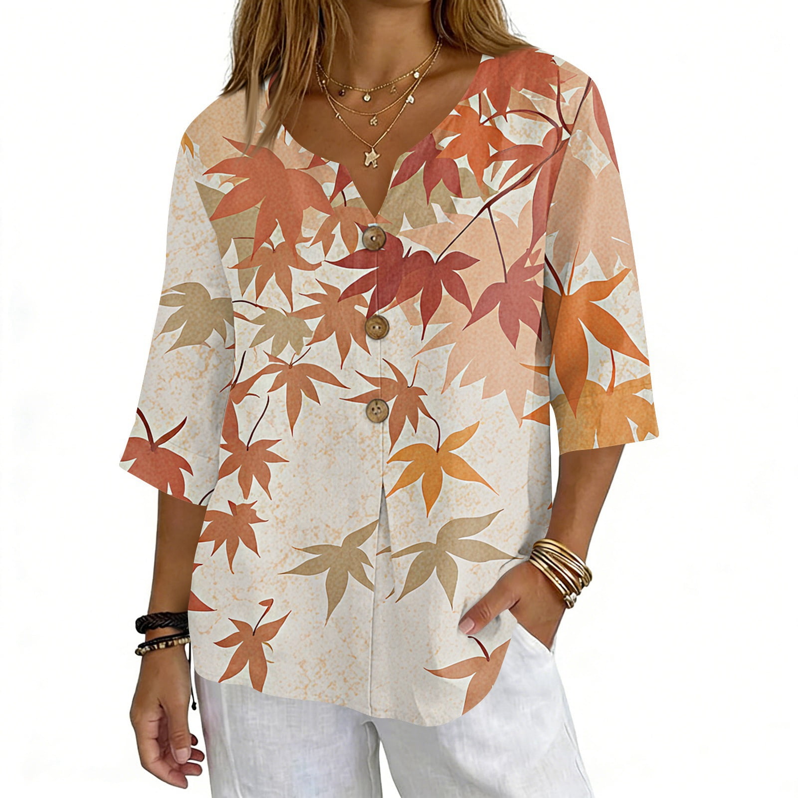 ASDFVBKG Women's Linen 3/4 Sleeve Blouse Comfy V Neck Cotton Button ...