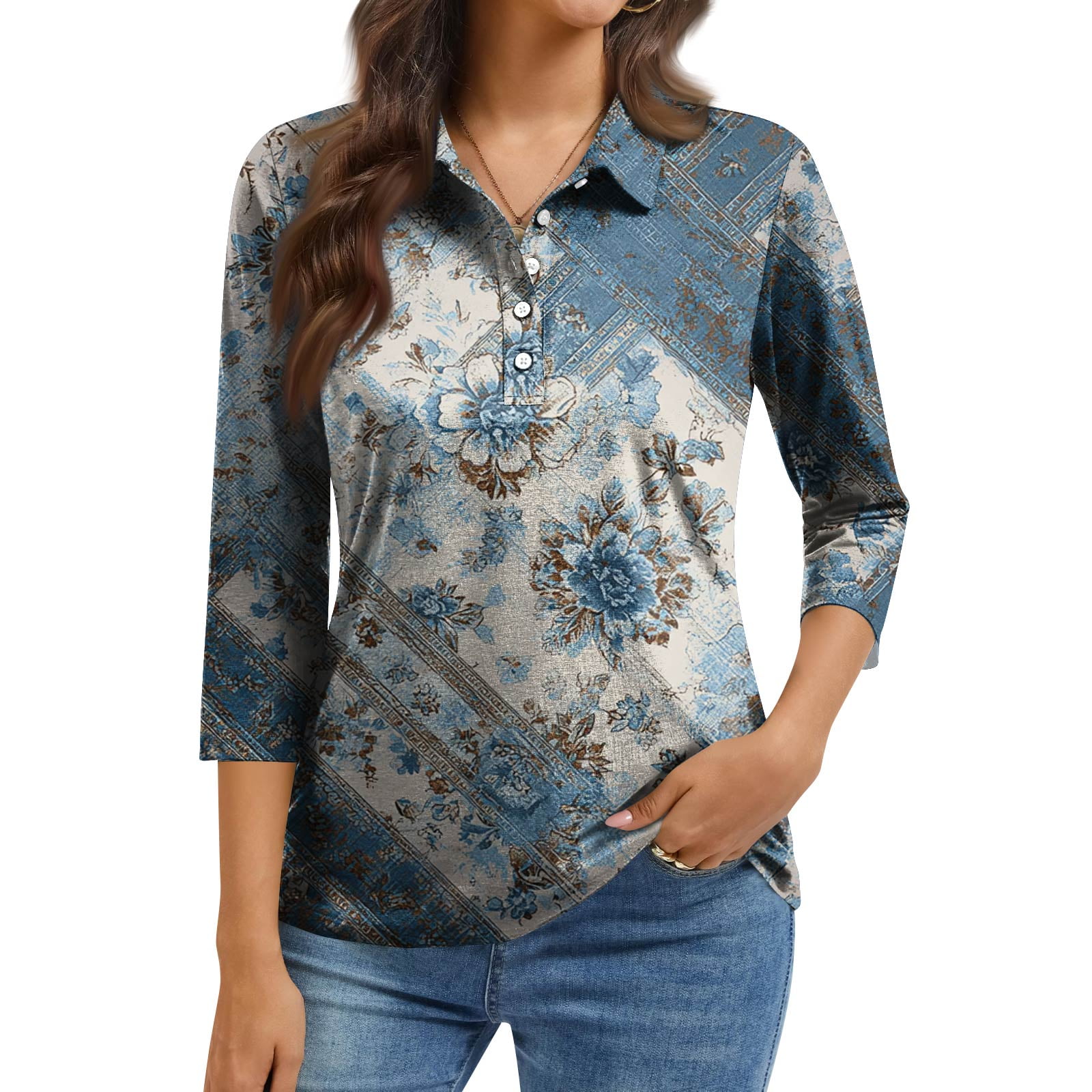 ASDFVBKG Women's Long Sleeve Collared Top Cozy 3/4 Length Fashion ...