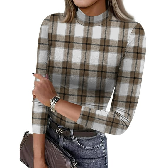 ASDFVBKG Women's Mock Turtleneck Long Sleeve T-Shirts Cozy Basic Tee Shirts Checkered Striped ...