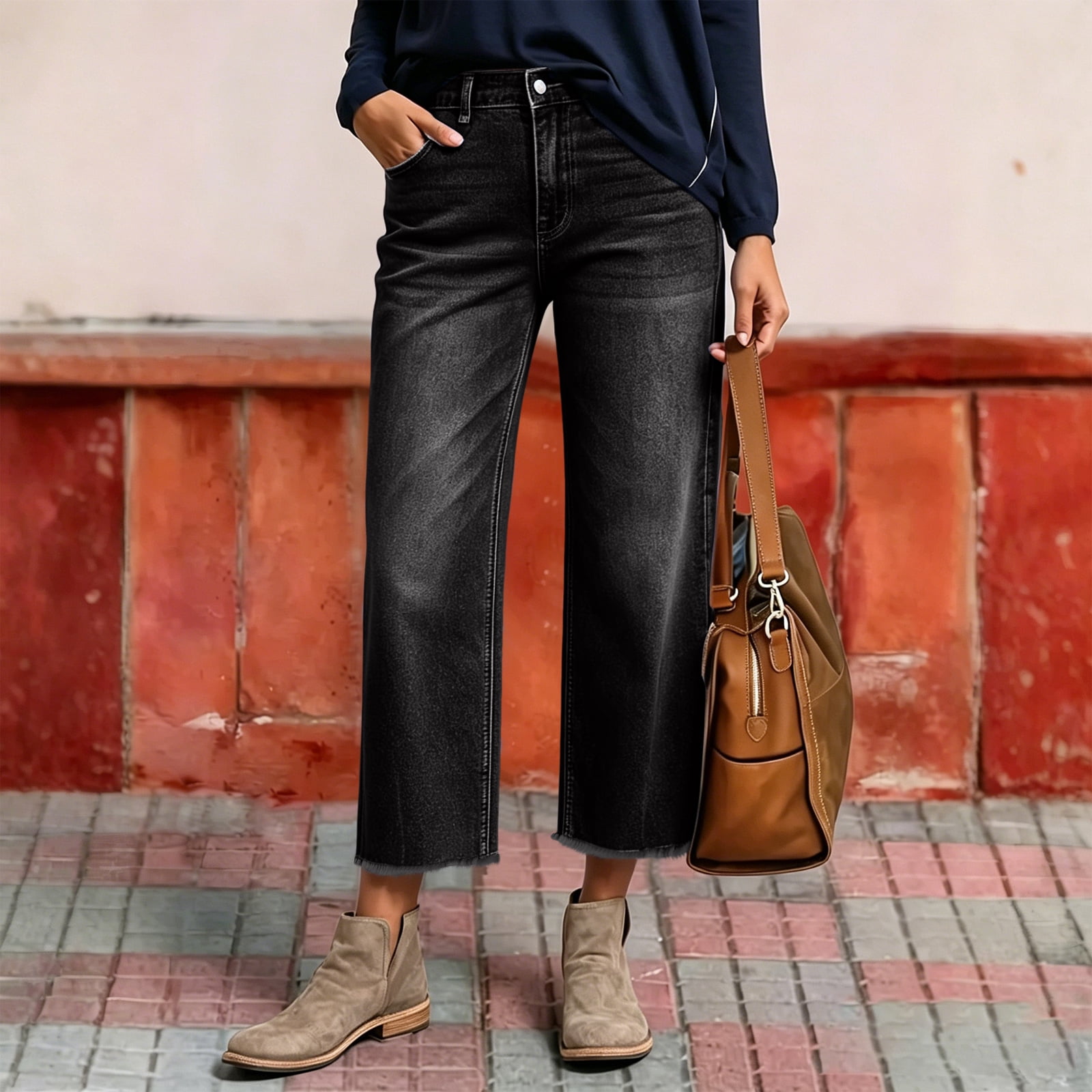 ASDFVBKG Women's Wide Leg Baggy Jeans Cropped Trendy Capri Jeans ...