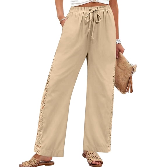 ASDFVBKG Women's Wide Leg Beach Pants Soft Crochet Panel Drawstring ...