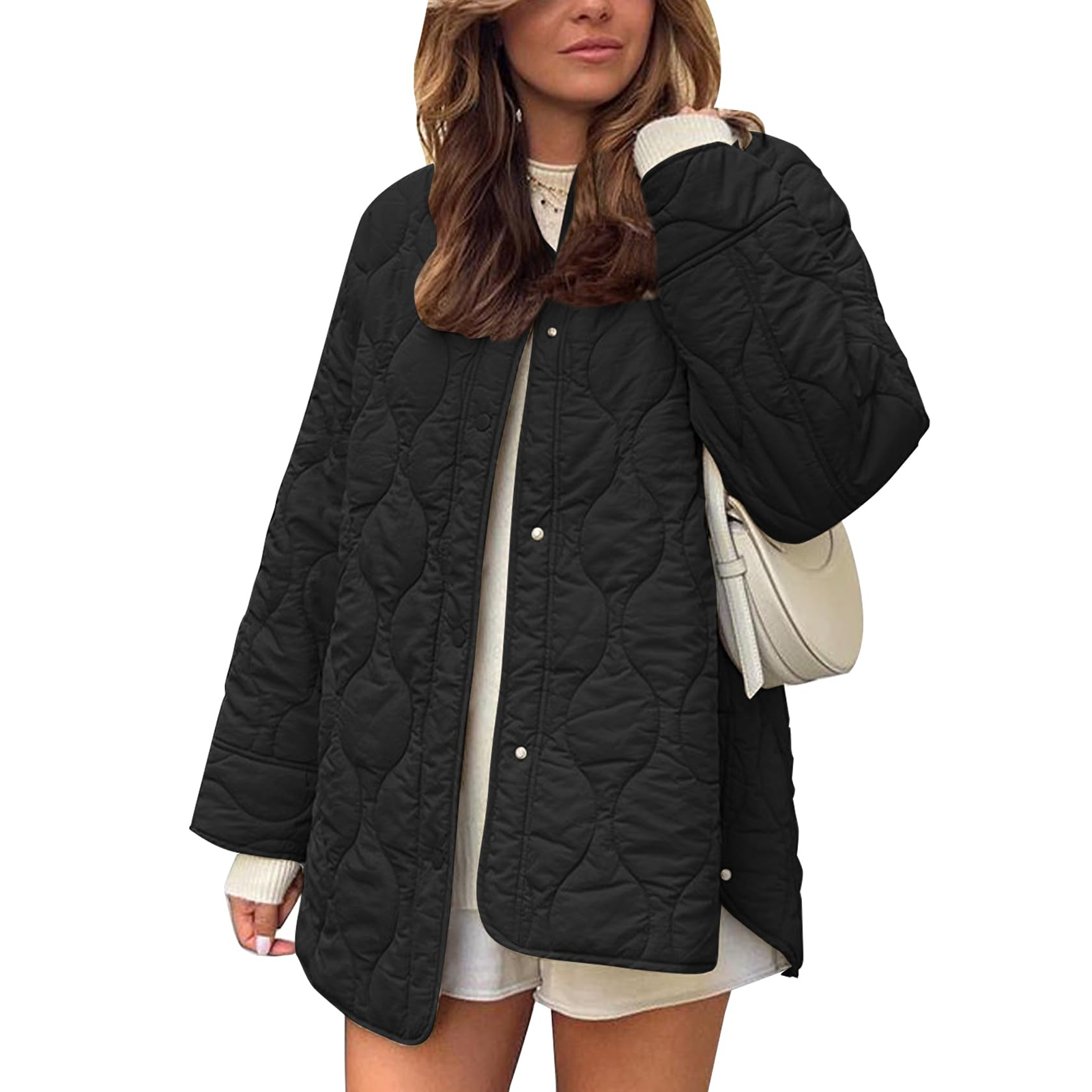 ASDFVBKG Women's Winter Quilted Jackets Long Sleeve Round Neck Button ...