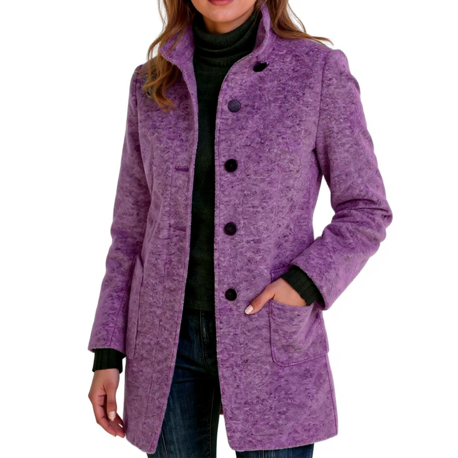 ASDFVBKG Women's Wool & Pea Coats Mid Long Stand Collar Single Breasted ...