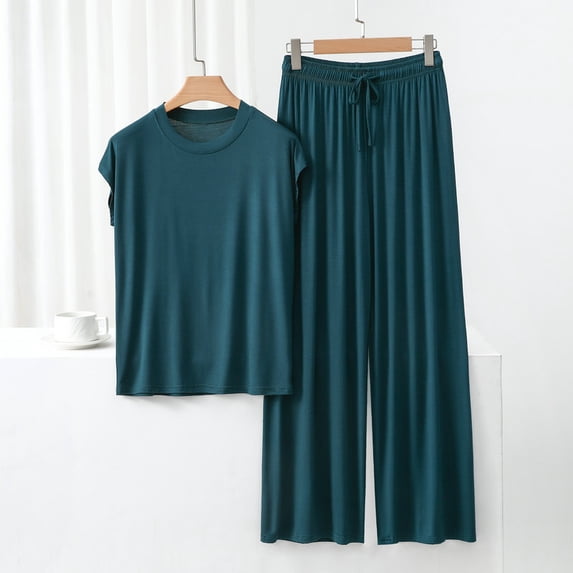 ASDFVBKG Womens 2 Piece Lounge Sets Cap Sleeve Tops Drawstring Wide Leg ...