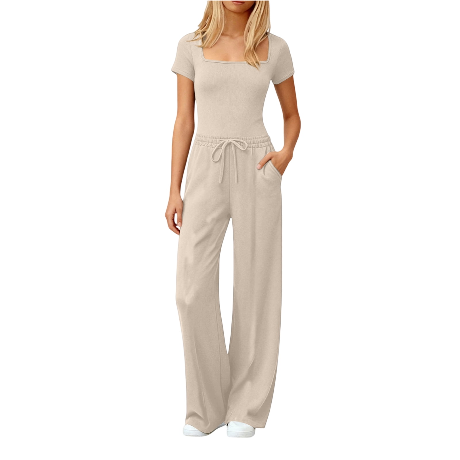 ASDFVBKG Womens 2 Piece Lounge Sets Square Neck Short Sleeve Slim Fit ...