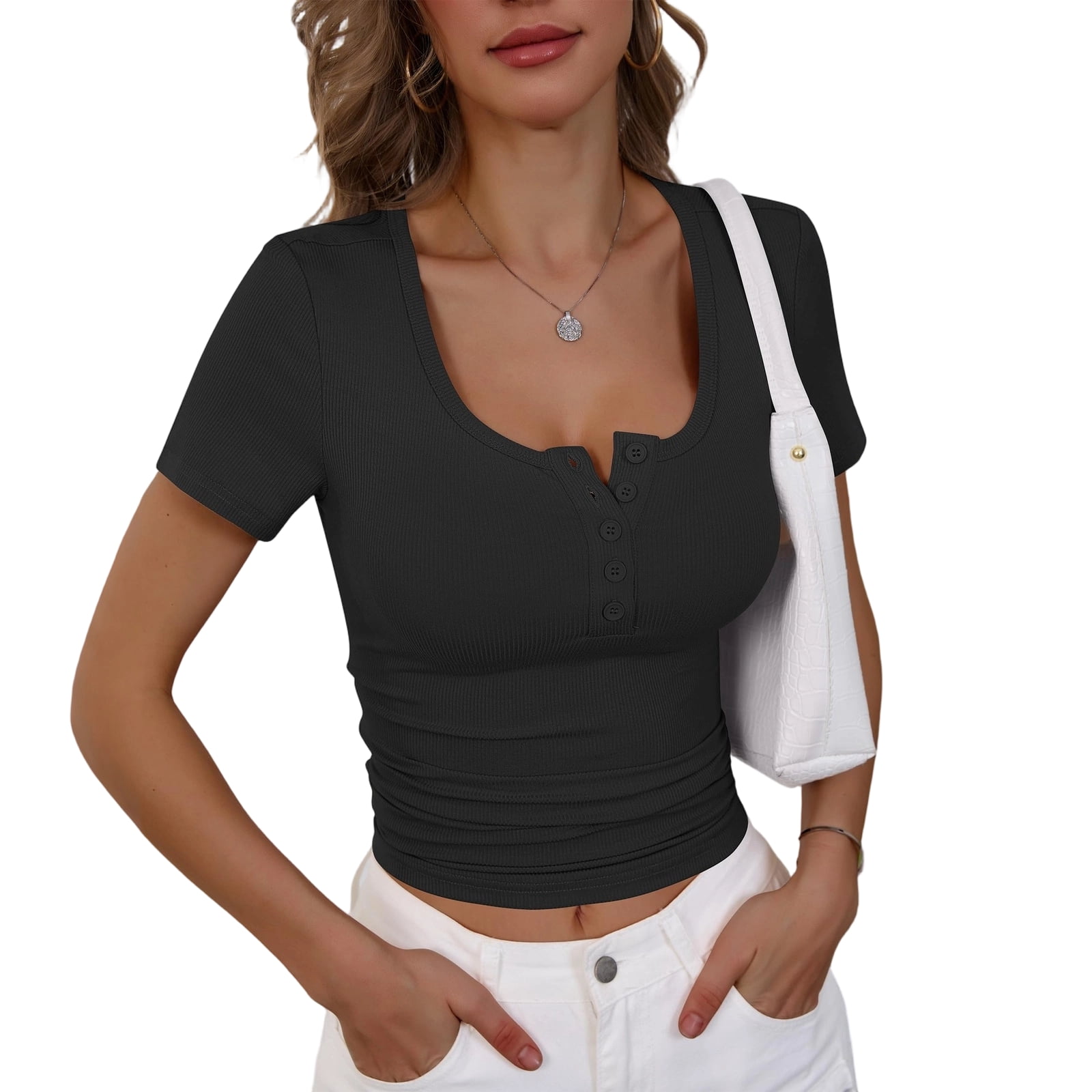 ASDFVBKG Womens 2026 Summer Short Sleeve Tops Ribbed Henley Button Slim ...